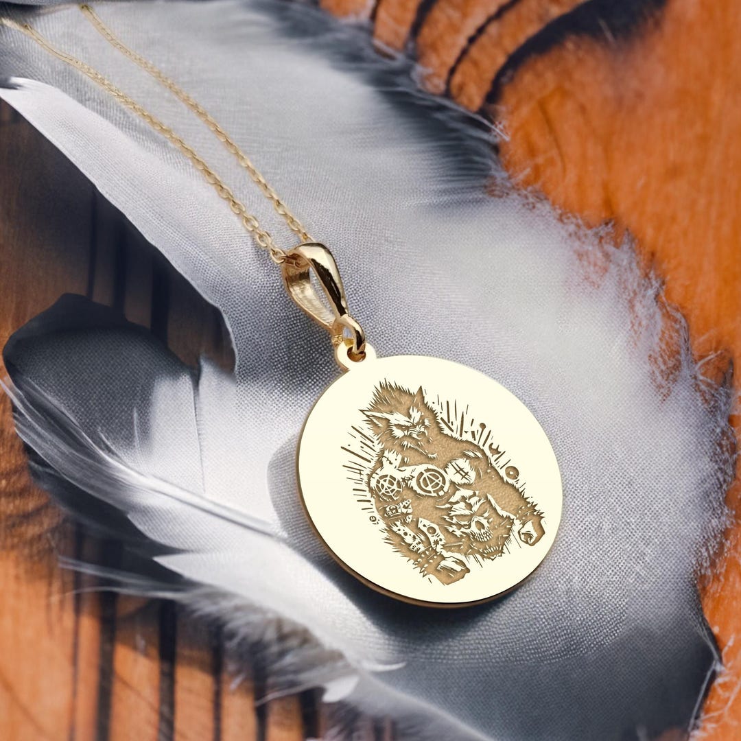 14K Gold Werewolf Necklace | Gothic Punk Rock Engraved Pendant & Wild ...