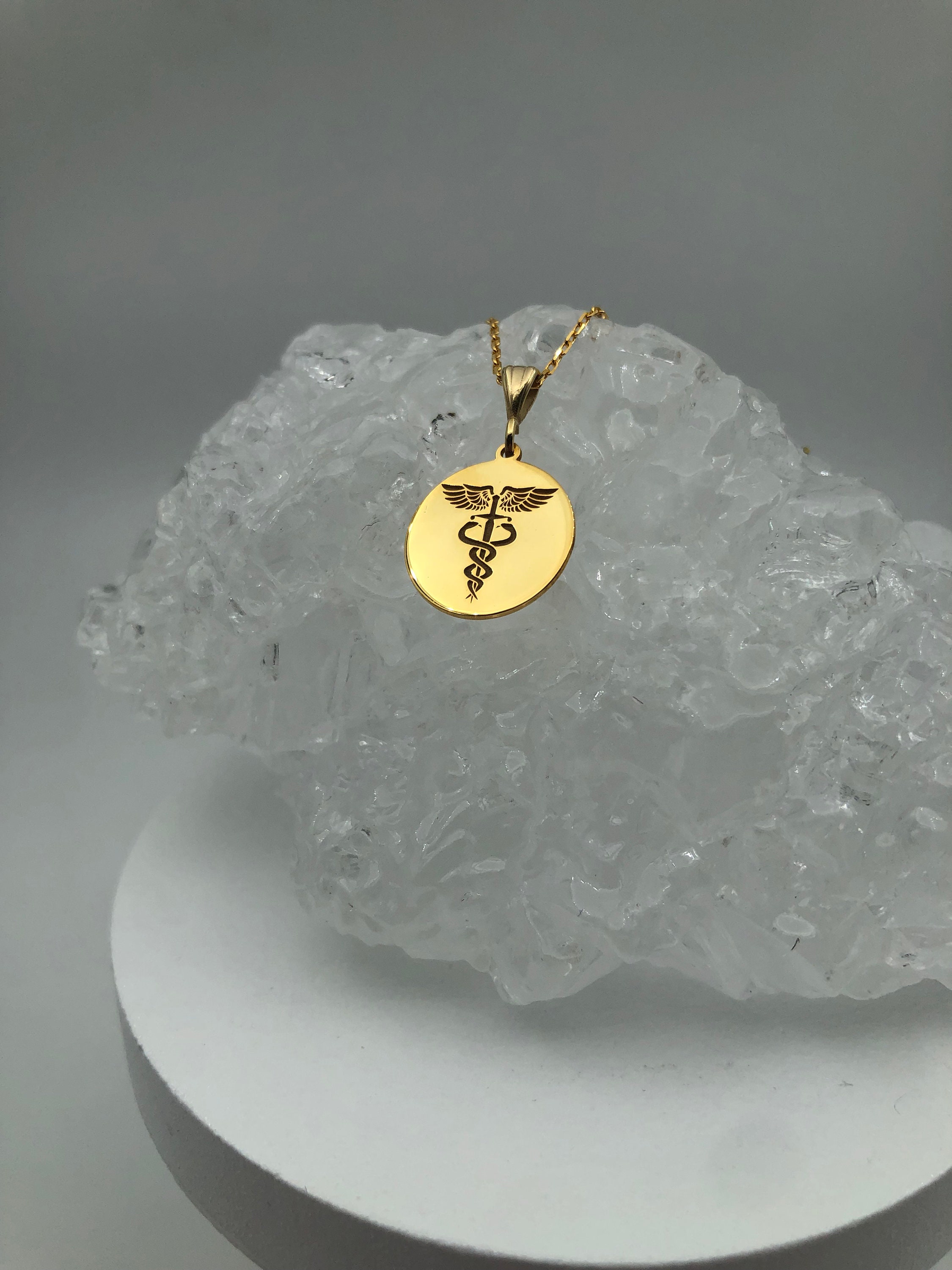 Dainty Caduceus Necklace 14K Gold Doctor Necklace Unique - Etsy