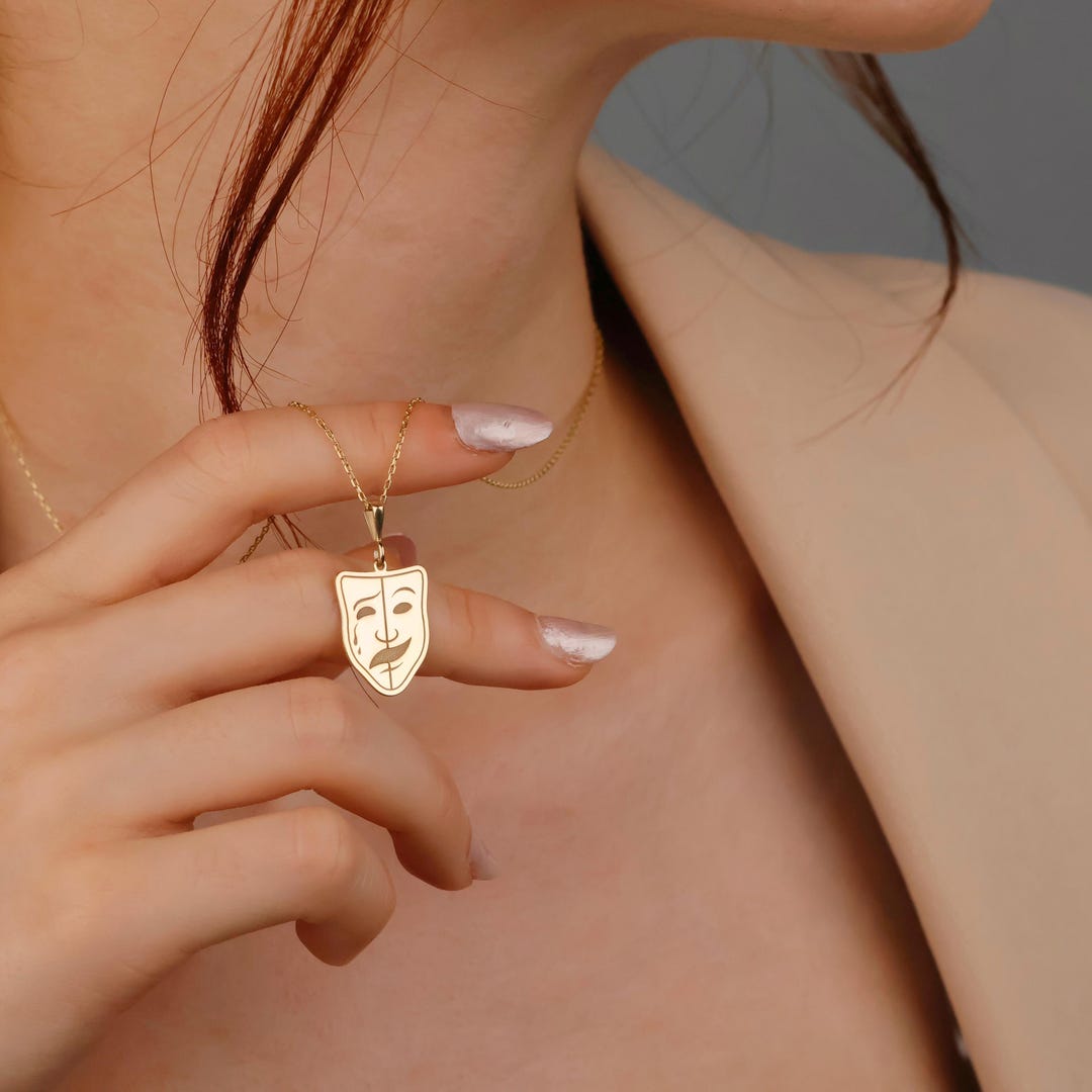 Dainty Comedy and Drama Mask Necklace, 14K Gold Theatre Mask Necklace ...