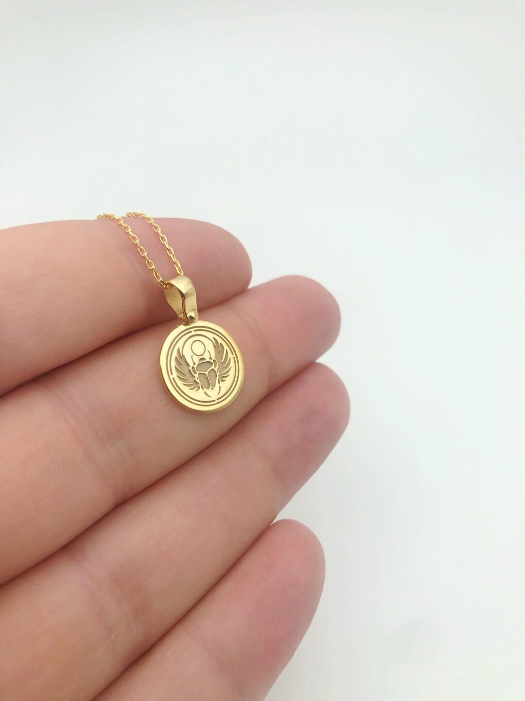 Egyptian Scarab Round Pendant, 14K Solid Gold Flying Beetle Necklace ...