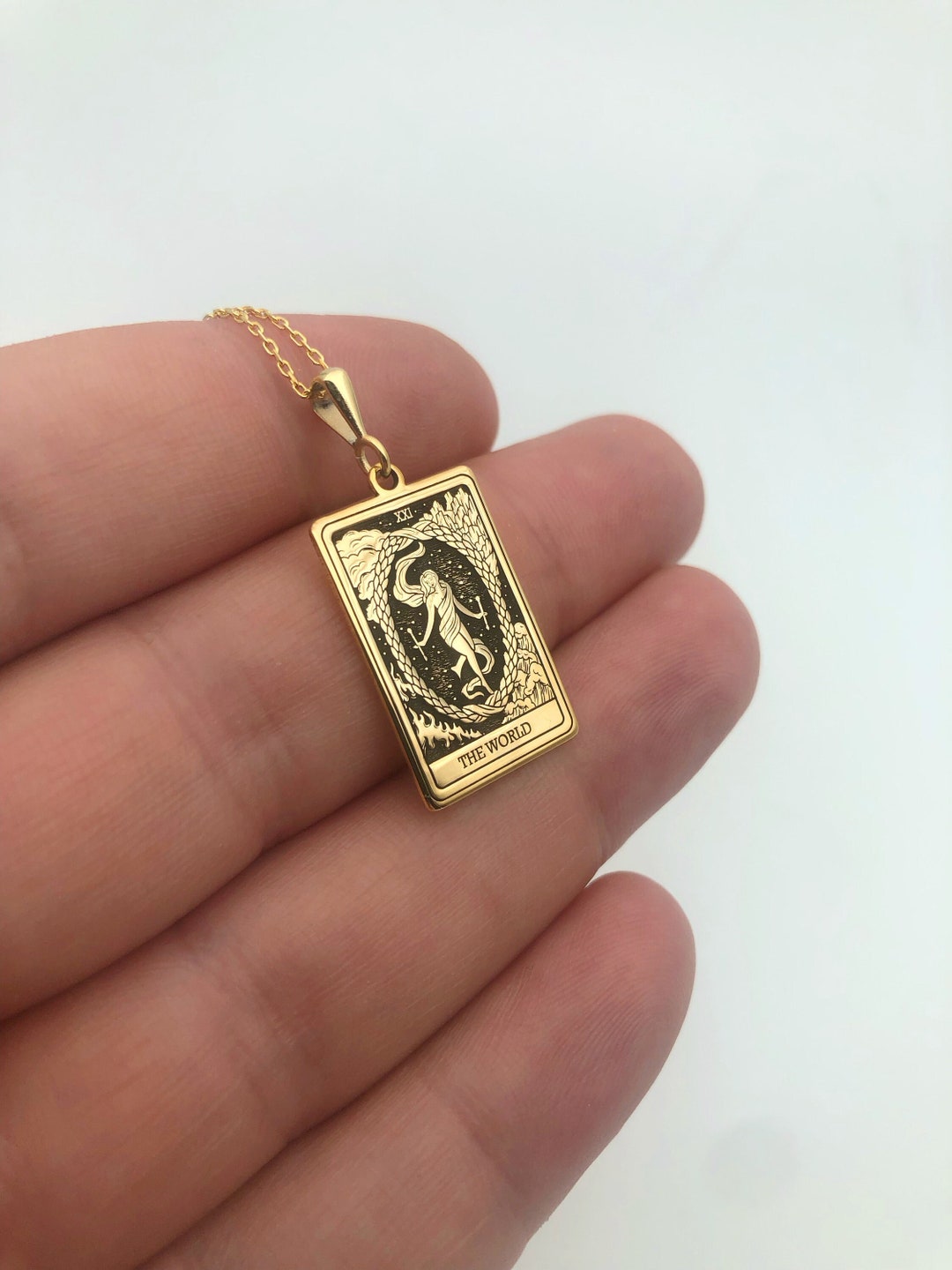 14K Gold Dainty Women Necklace, the World Tarot Card Necklace ...