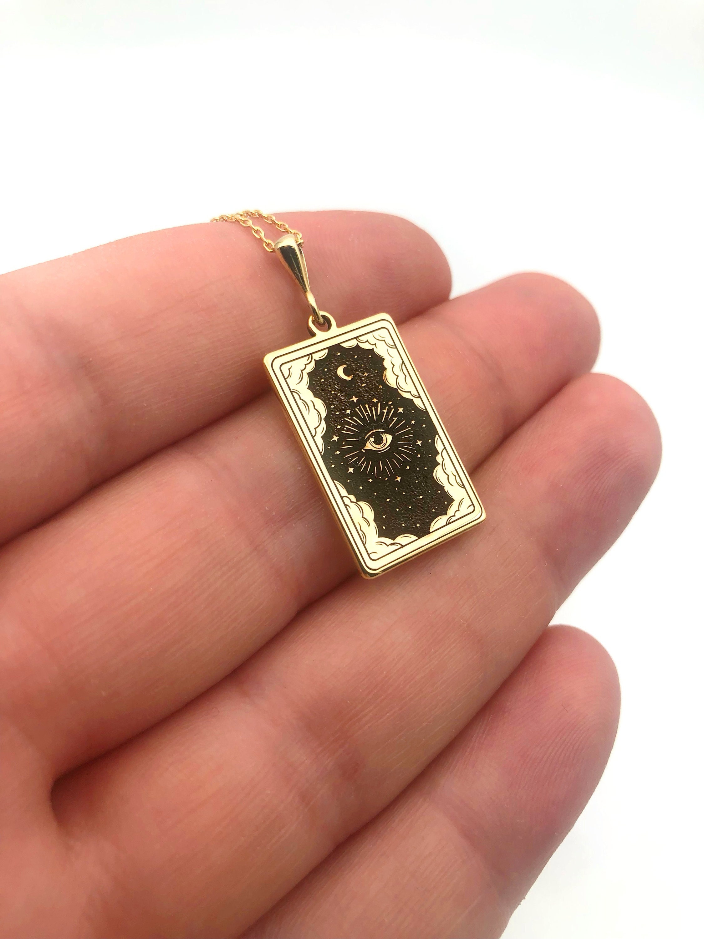 Evil Eye Women Necklace, 14K Gold Tarot Card Necklace, Unique Celestial ...