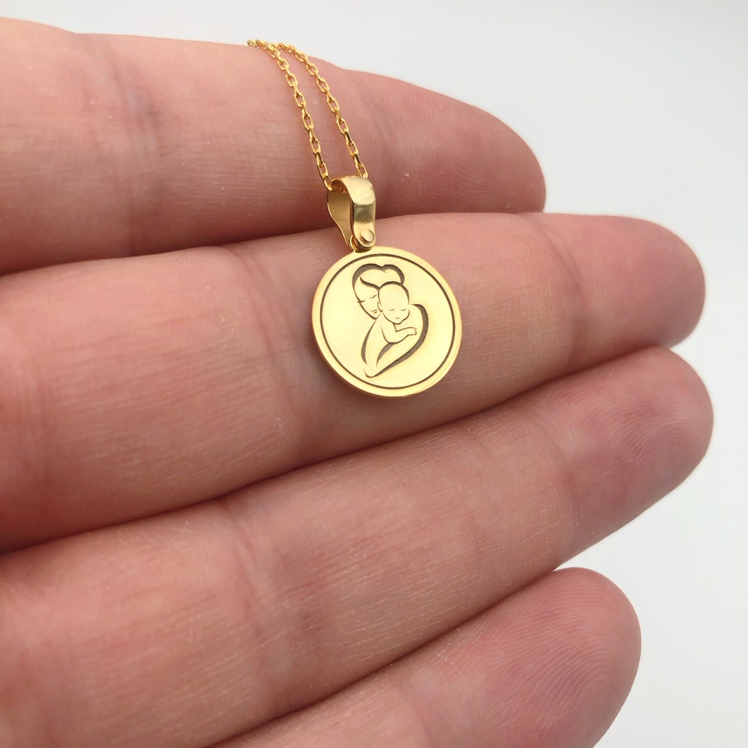 14K Solid Gold Mom Necklace: Engraved Mother and Baby Jewelry - Etsy