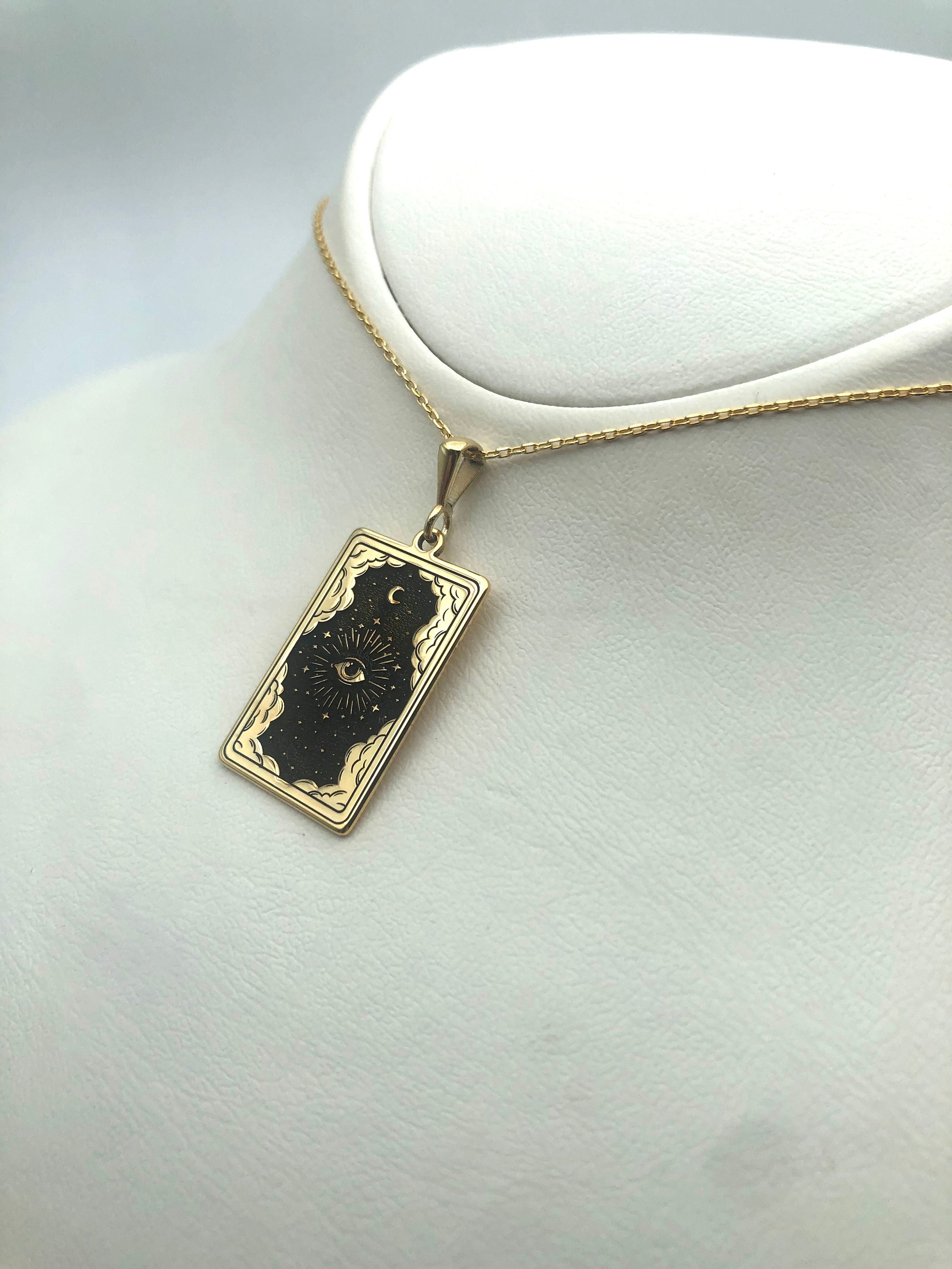 Evil Eye Women Necklace, 14K Gold Tarot Card Necklace, Unique Celestial ...