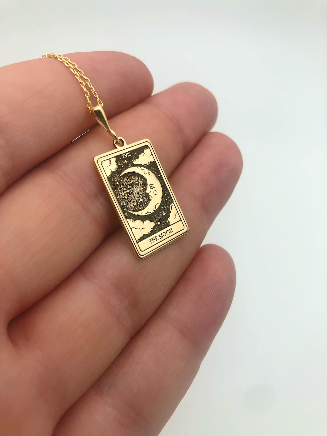 The Moon Gold Necklace, Rectangle Tarot Card Necklace, 14K Gold Celestial Women Necklace ...