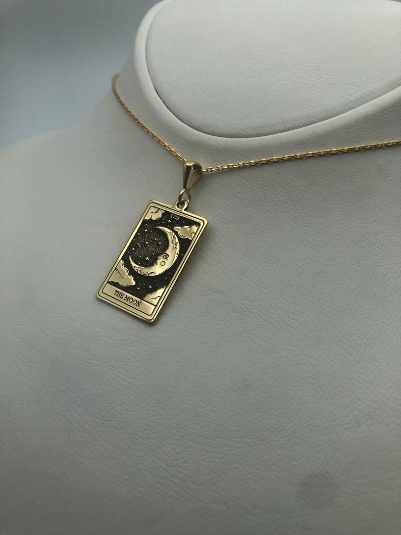 The Moon Gold Necklace, Rectangle Tarot Card Necklace, 14K Gold Celestial Women Necklace ...