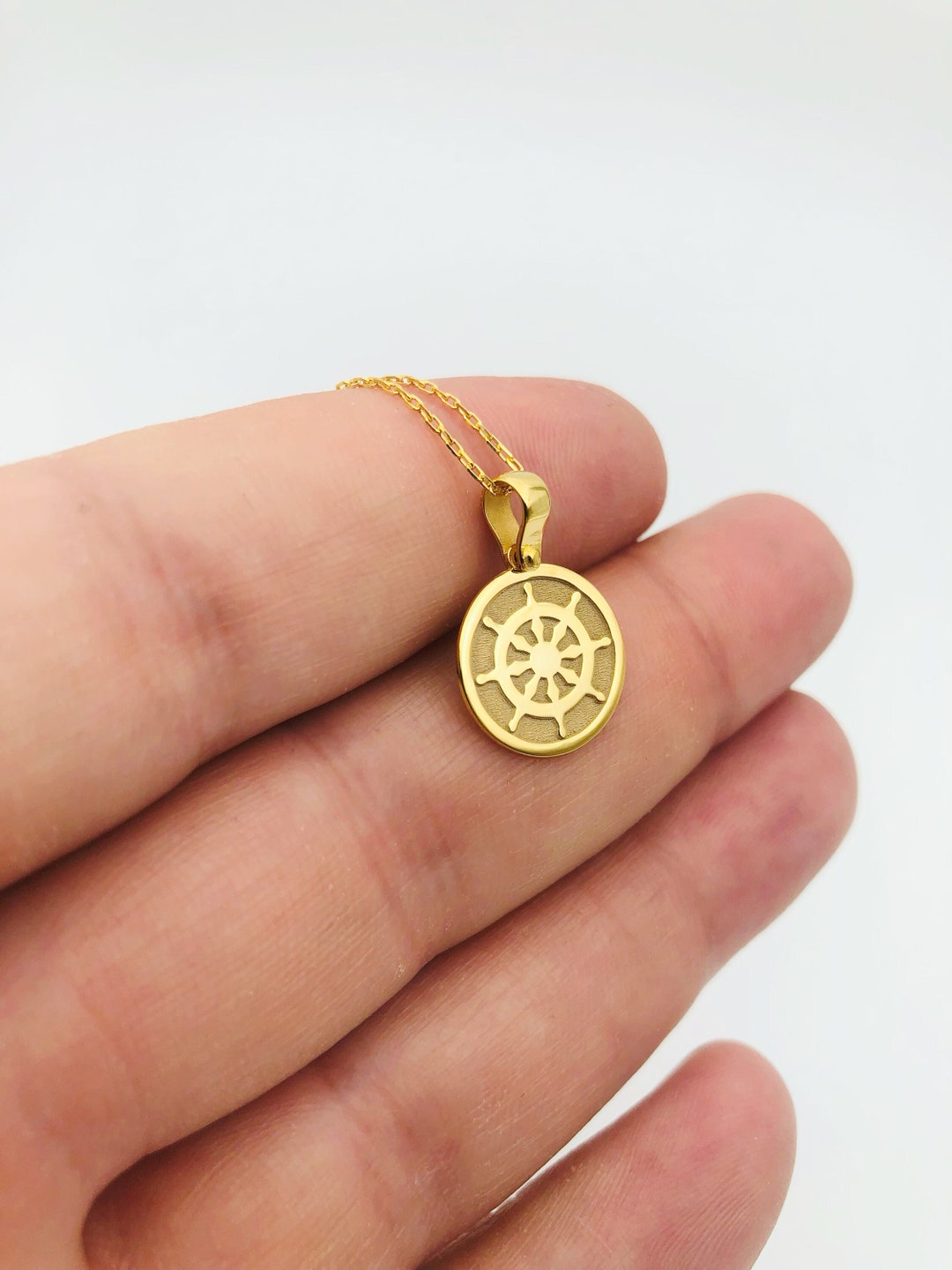 Ship Wheel Necklace, 14K Massif Gold Helm Necklace, Minimalist Nautical ...