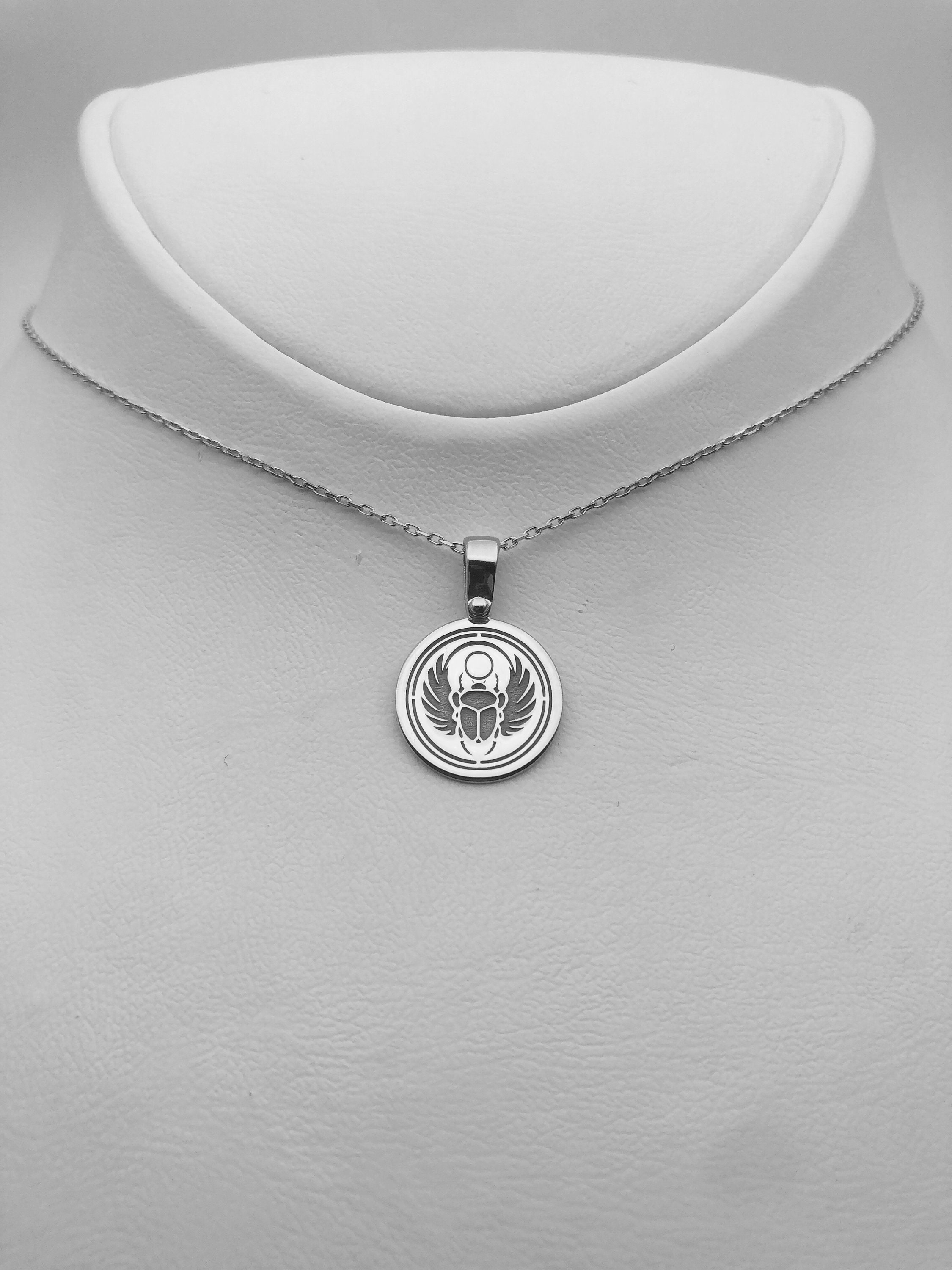 Egyptian Scarab Round Pendant, 14K Solid Gold Flying Beetle Necklace ...