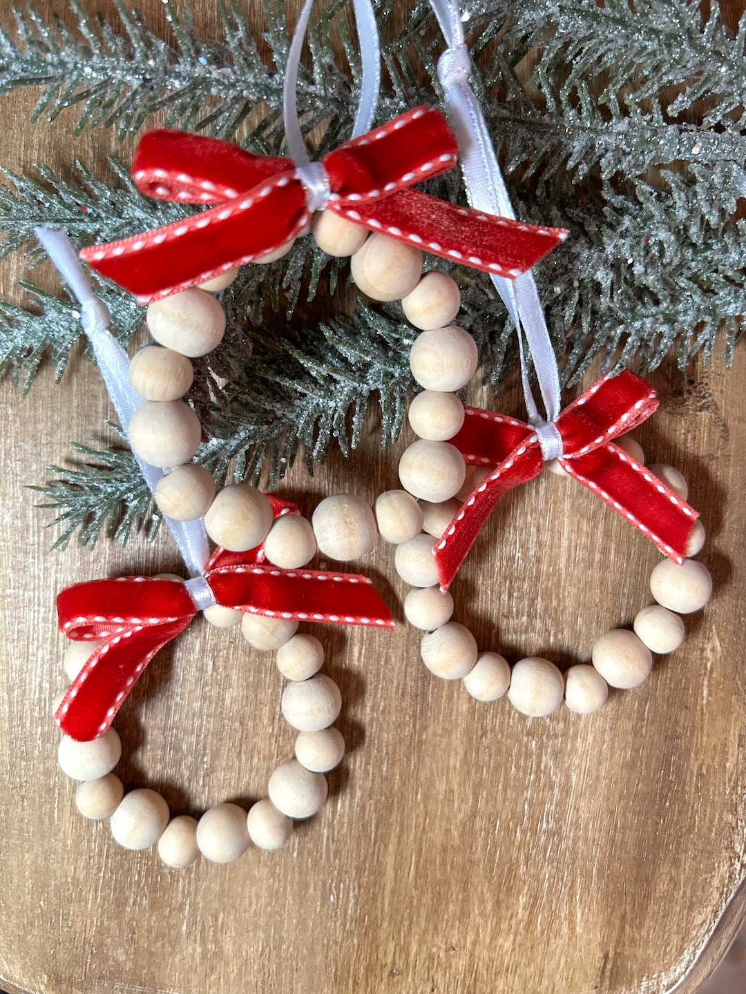 Set of 3 Wood Bead Wreath Ornaments, Wooden Ornament, Wood Beads ...