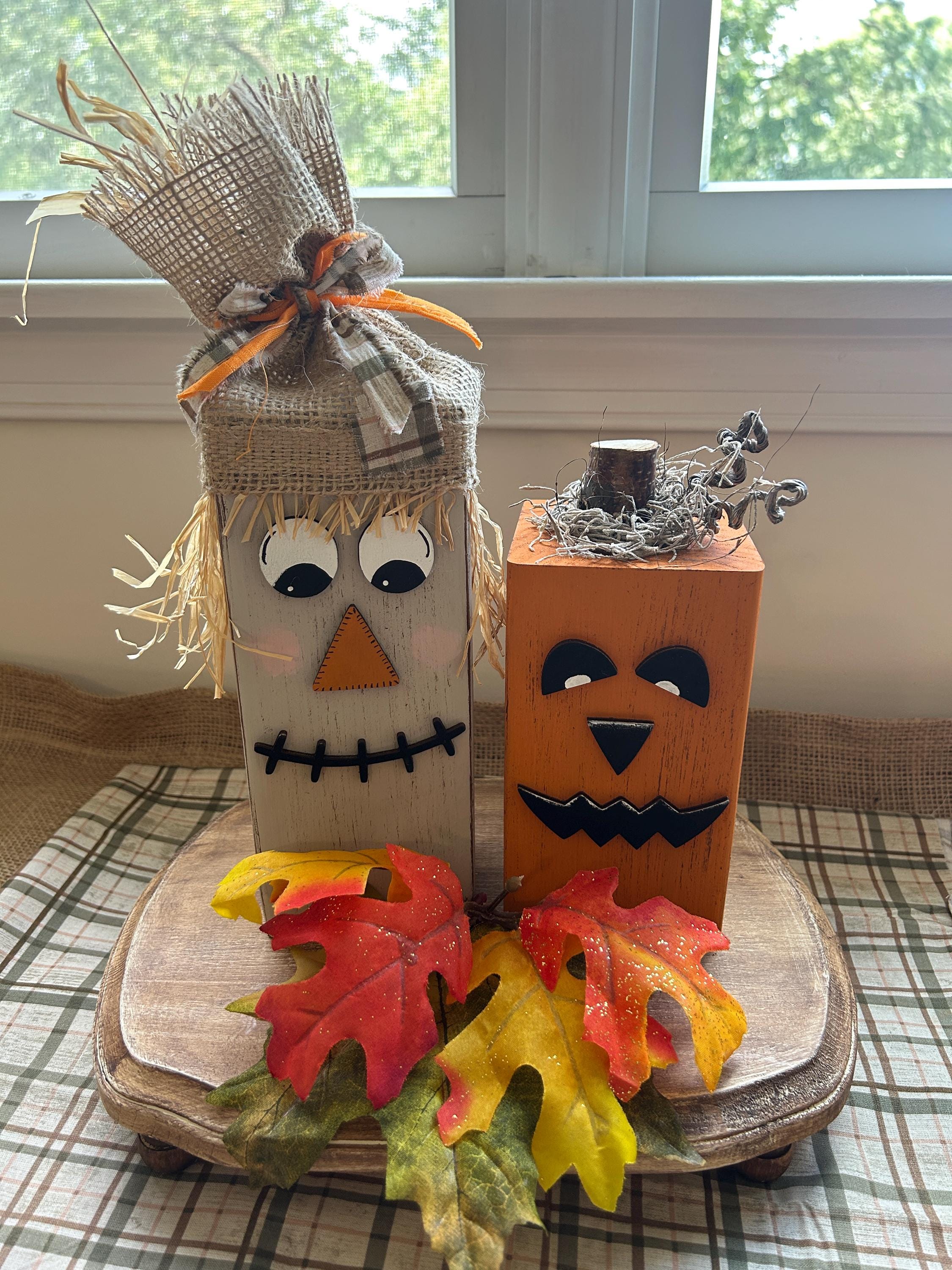 Handmade Wooden Pumpkin & Scarecrow Block Set |jack O’lantern Wood ...