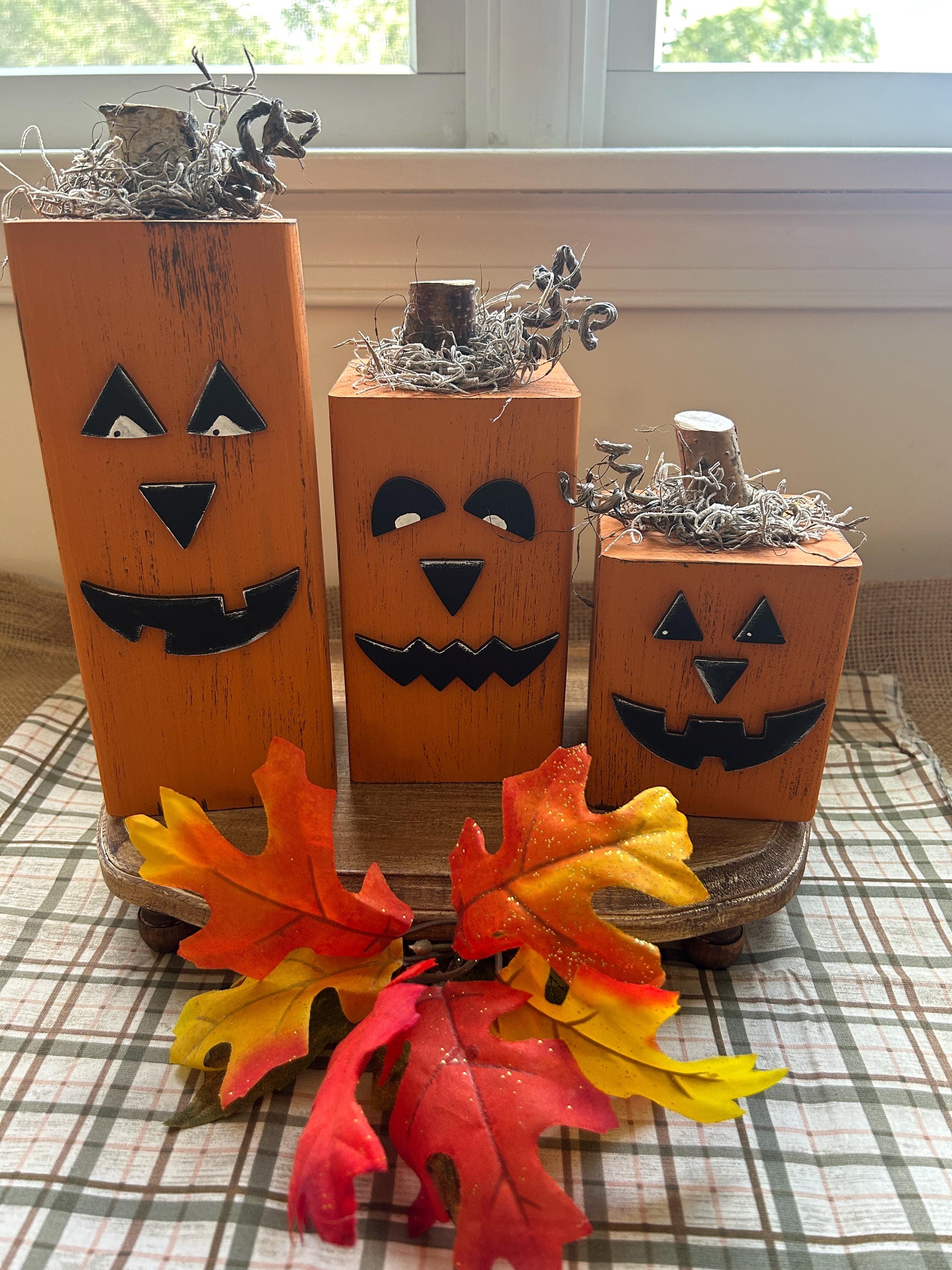 Handmade Wooden Pumpkin & Scarecrow Block Set |jack O’lantern Wood ...
