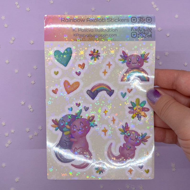 Rainbow Axolotl Sticker Sheet | Holographic Glitter, Cute Planner ...