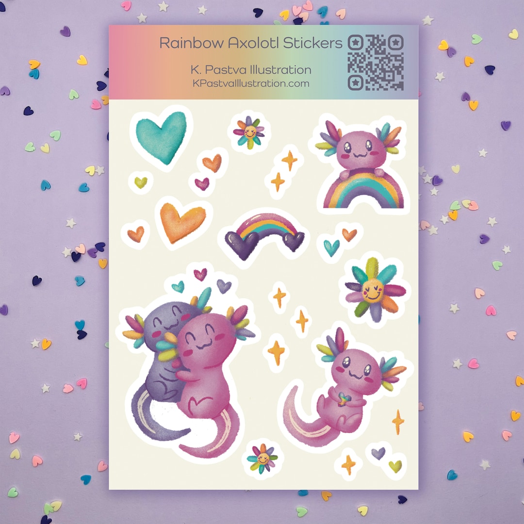 Rainbow Axolotl Sticker Sheet | Holographic Glitter Planner Stickers - Etsy