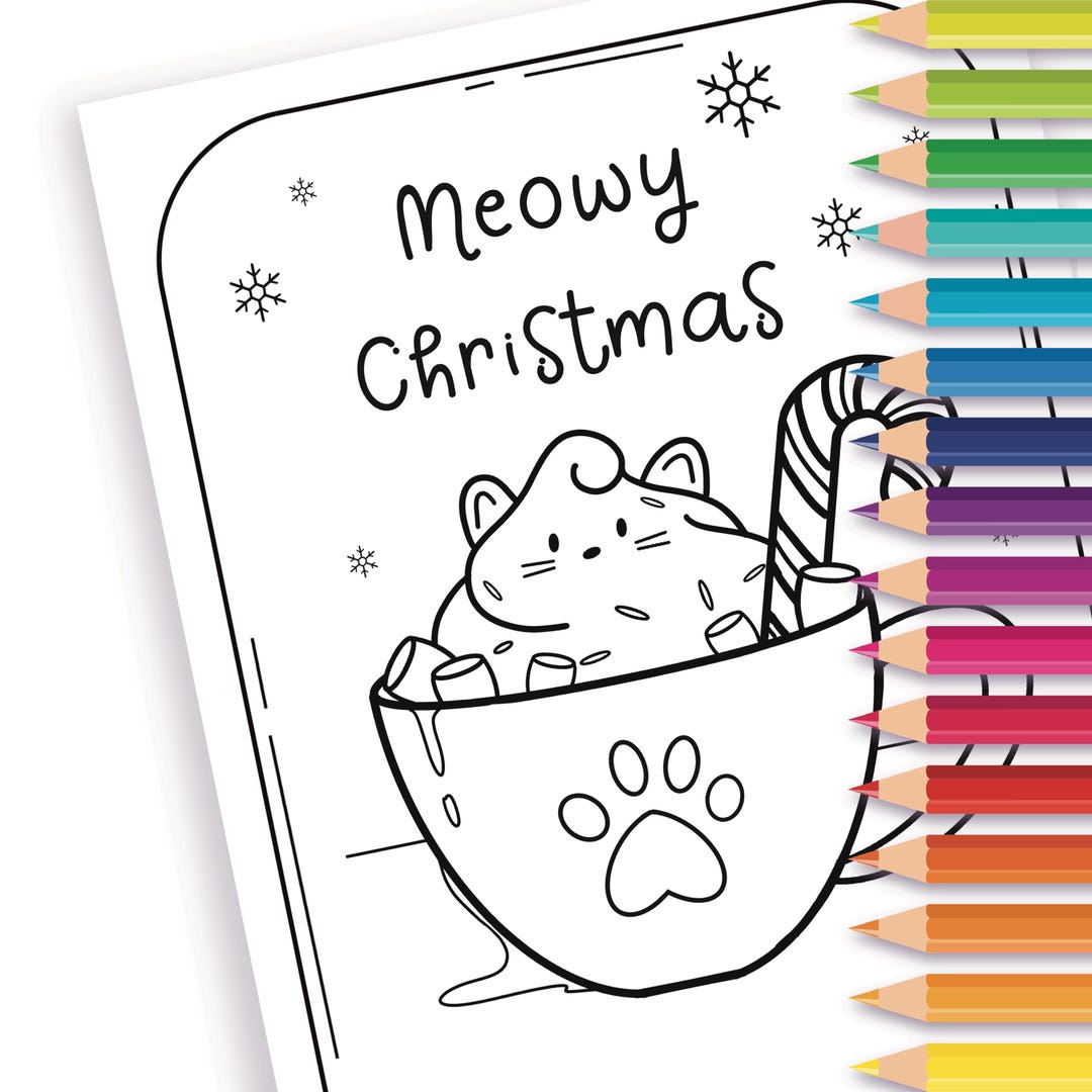 Meowy Christmas Hot Cocoa Coloring Page | Cozy Cat Mug Printable - Etsy