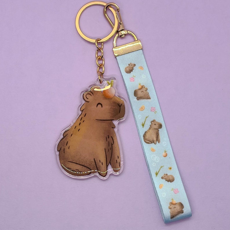 Capybara With Orange Mini Lanyard + Acrylic Keychain Set | Double Sided ...