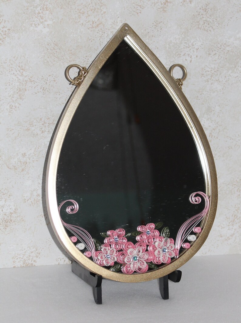 12" Teardrop Shape Mirror. Center Done in Pink and White Flowers - Etsy