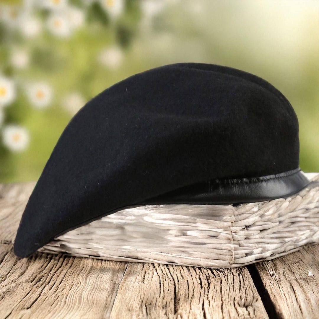 Black British Army Style Beret 100% Wool With Leather Band Military ...