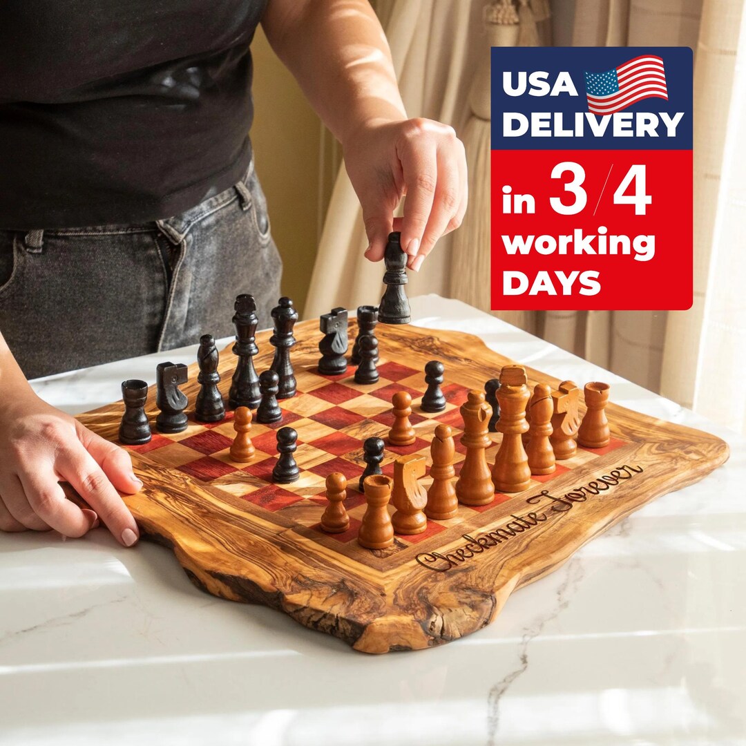 Rustic Olive Wood Chess Set: Personalized Engraved Board Game - Etsy