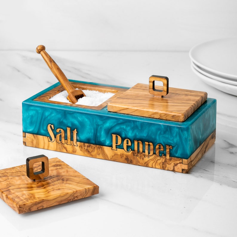 Handmade Olive Wood Salt and Pepper Cellar With Resin, Lid & Spoon ...