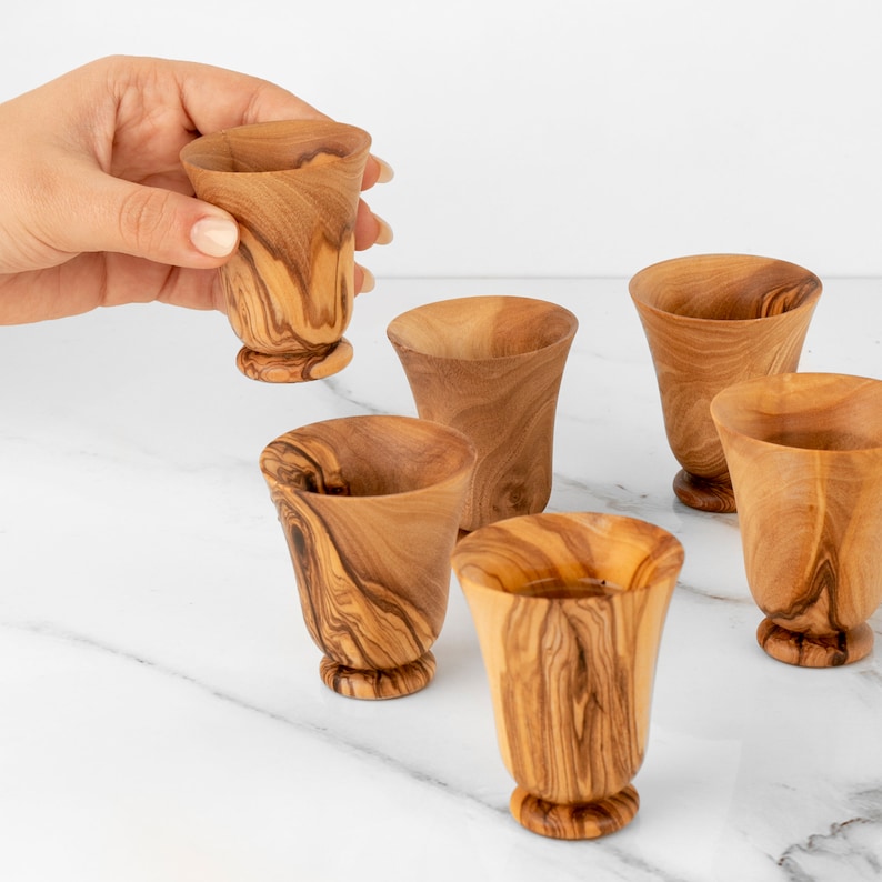 Handmade Olive Wood Shot Glass Set of 6 Small Customized Cup for Unique ...