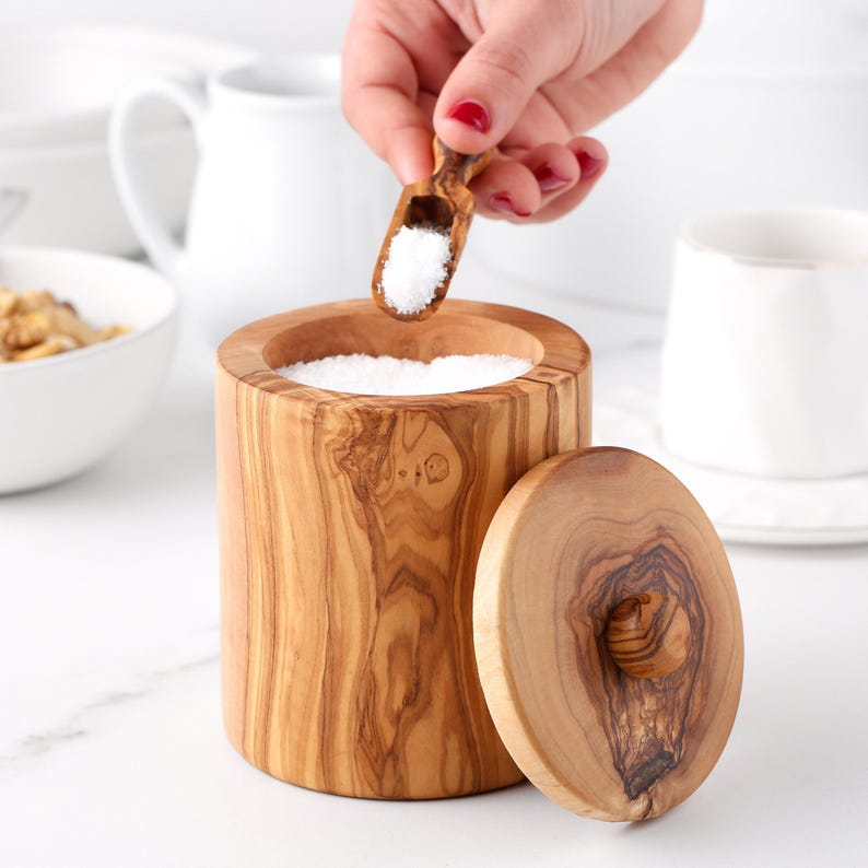 Handmade Olive Wood Salt Box With Lid and Spoon | BBQ Seasoning ...