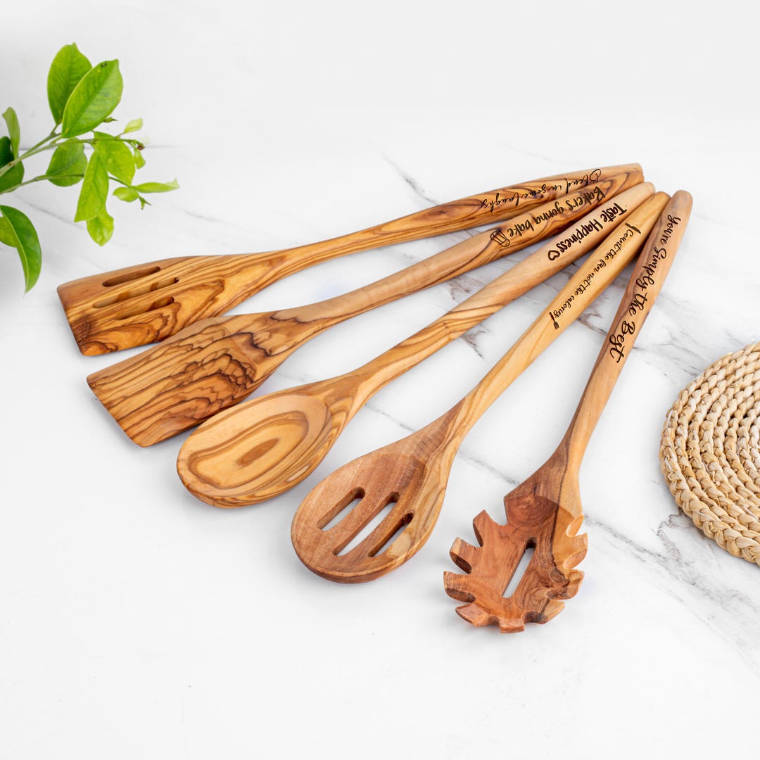 Olive Wood Utensil Set of 5 Kitchen Utensils: Wooden Cooking Spatulas ...
