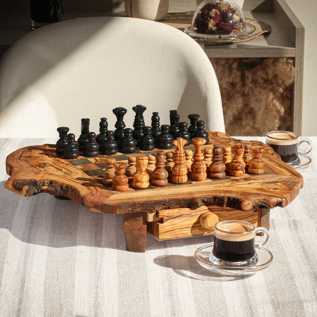 Rustic Olive Wood Chess Set Handmade Chess Board With Natural Leg ...