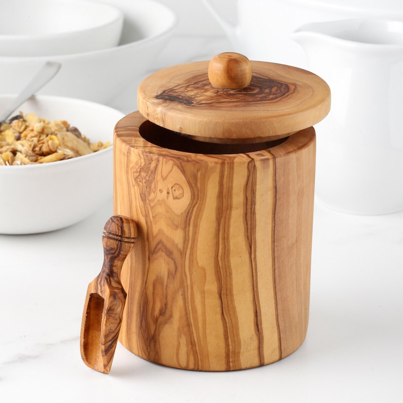 Handmade Olive Wood Salt Box With Lid and Spoon | BBQ Seasoning ...