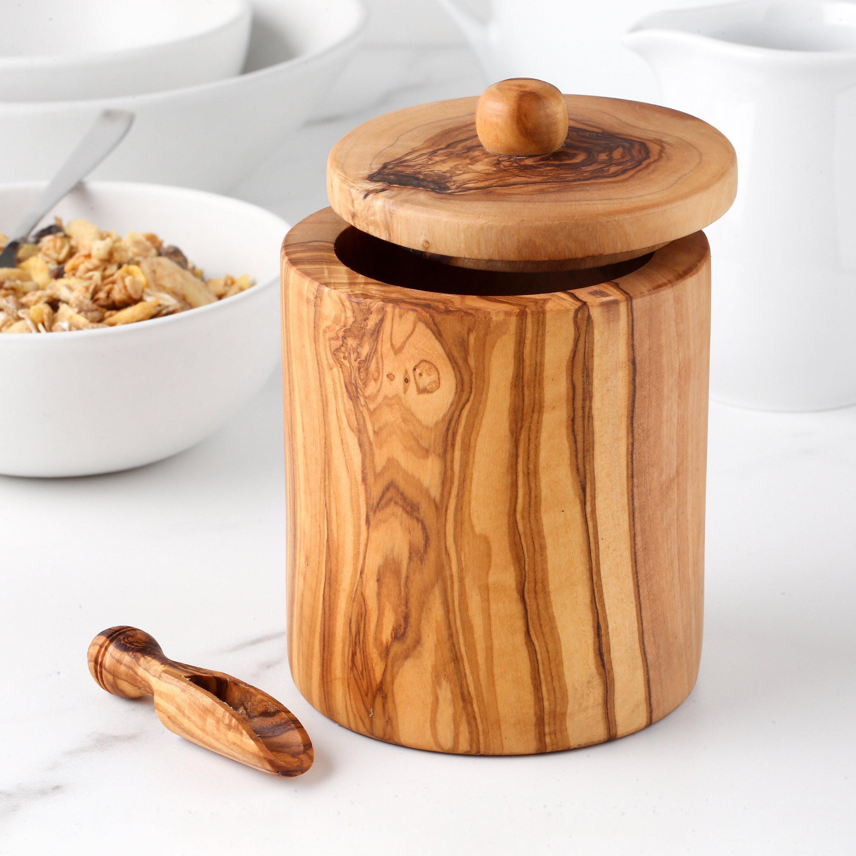 Handmade Olive Wood Salt Box With Lid and Spoon | BBQ Seasoning ...