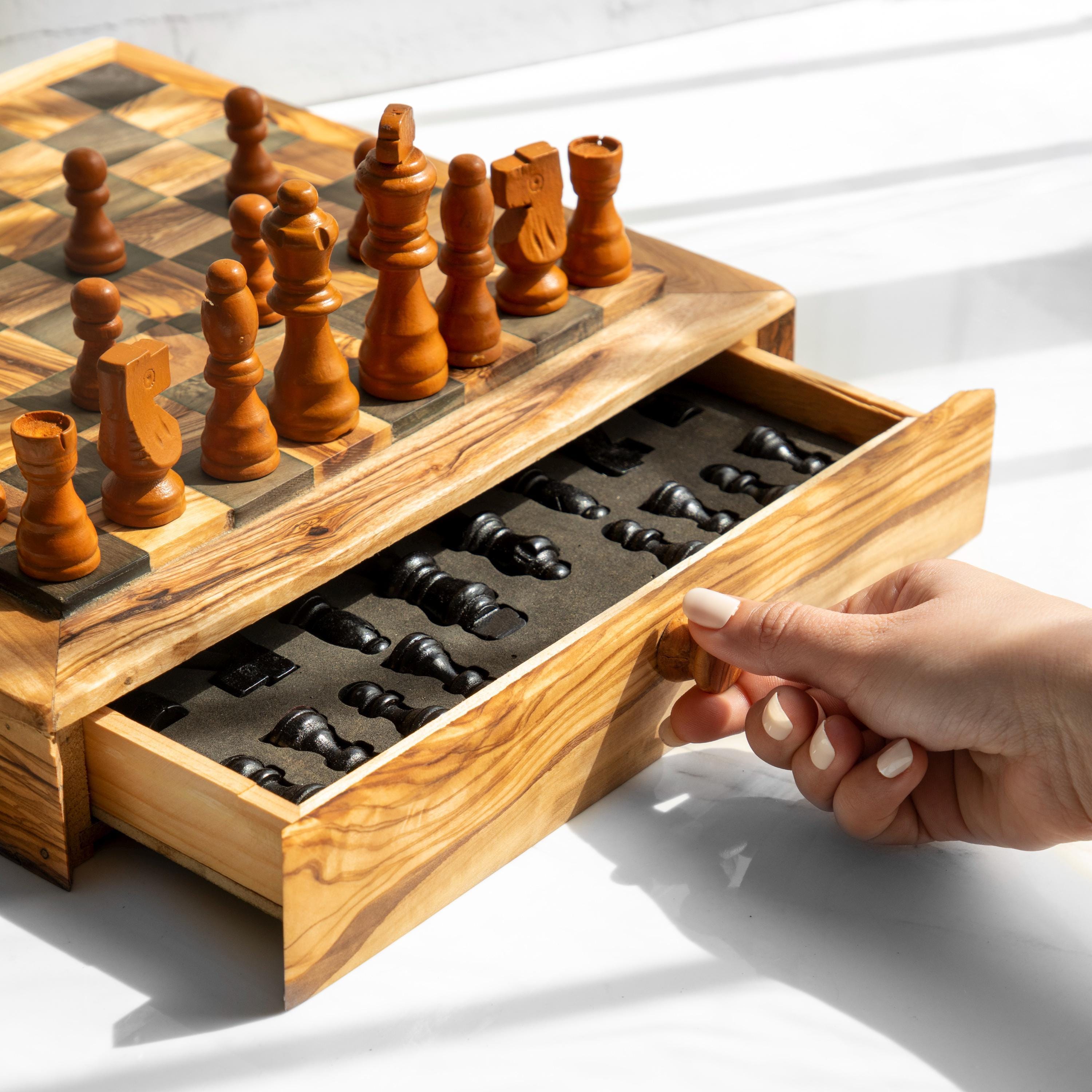 Olive Wood Chess Set Handmade With Storage: Engraved Wooden Chess Board ...