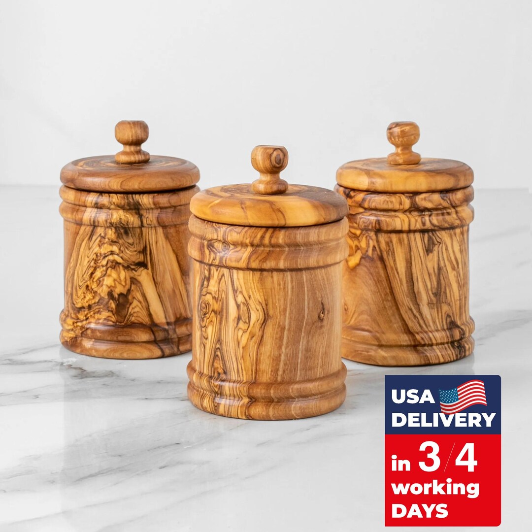 Handmade Olive Wood Spice Jar Set With Lid – Personalized Kitchen ...