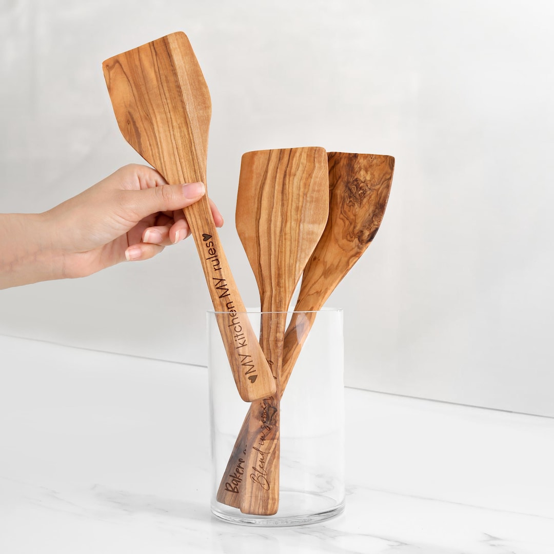 Olive Wood Spatulas Engraved Cooking Spatula for Non-stick Pans Wooden ...