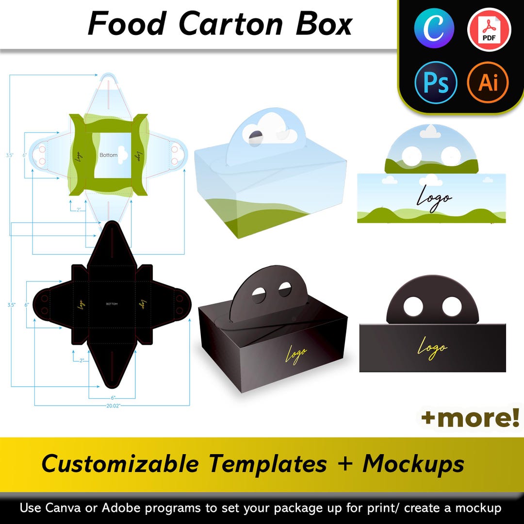Food Carton Box Mockups + Templates | Box With Handles | Takeout ...