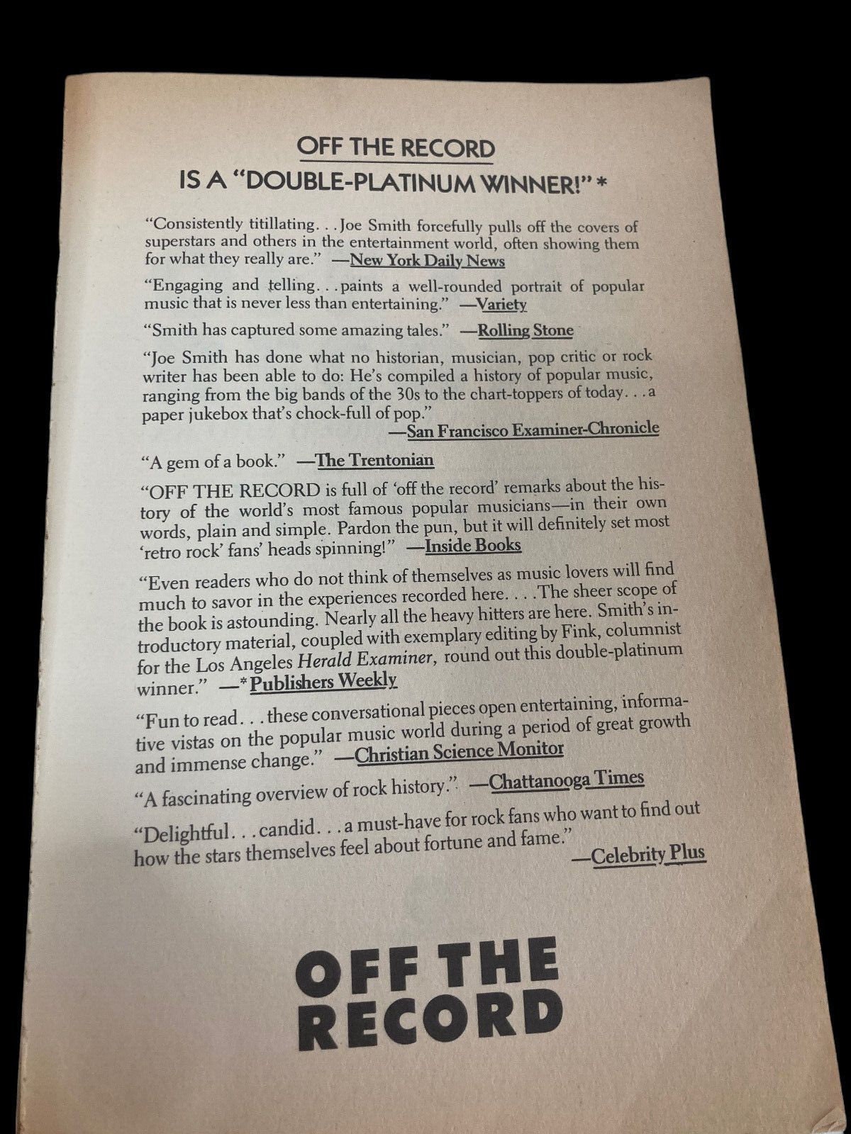 Book, off the Record by Joe Smith. MUSIC 1989 Good Condition for the ...