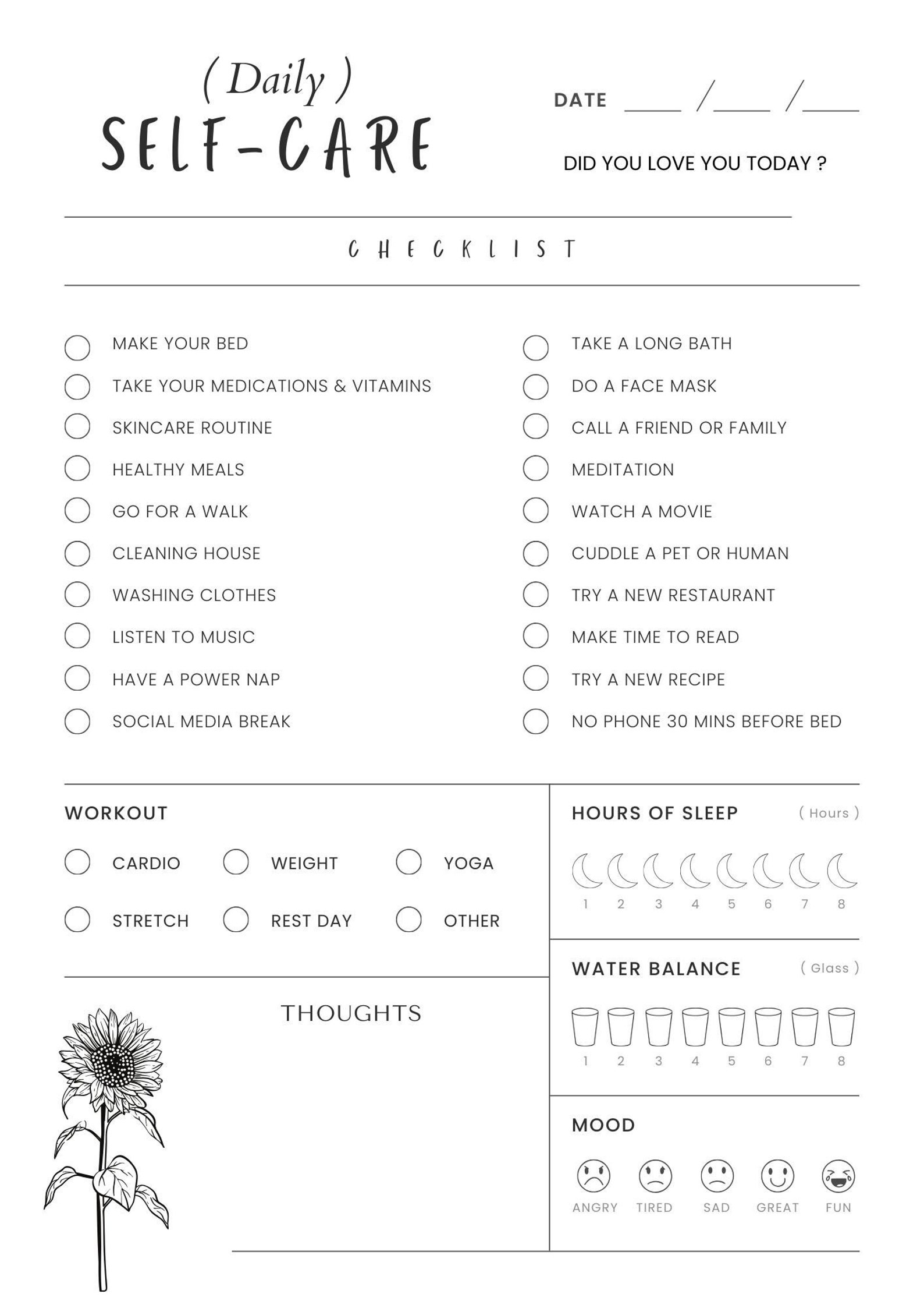 Printable Daily Self Care Planner,instant Download, to Do List, Daily ...