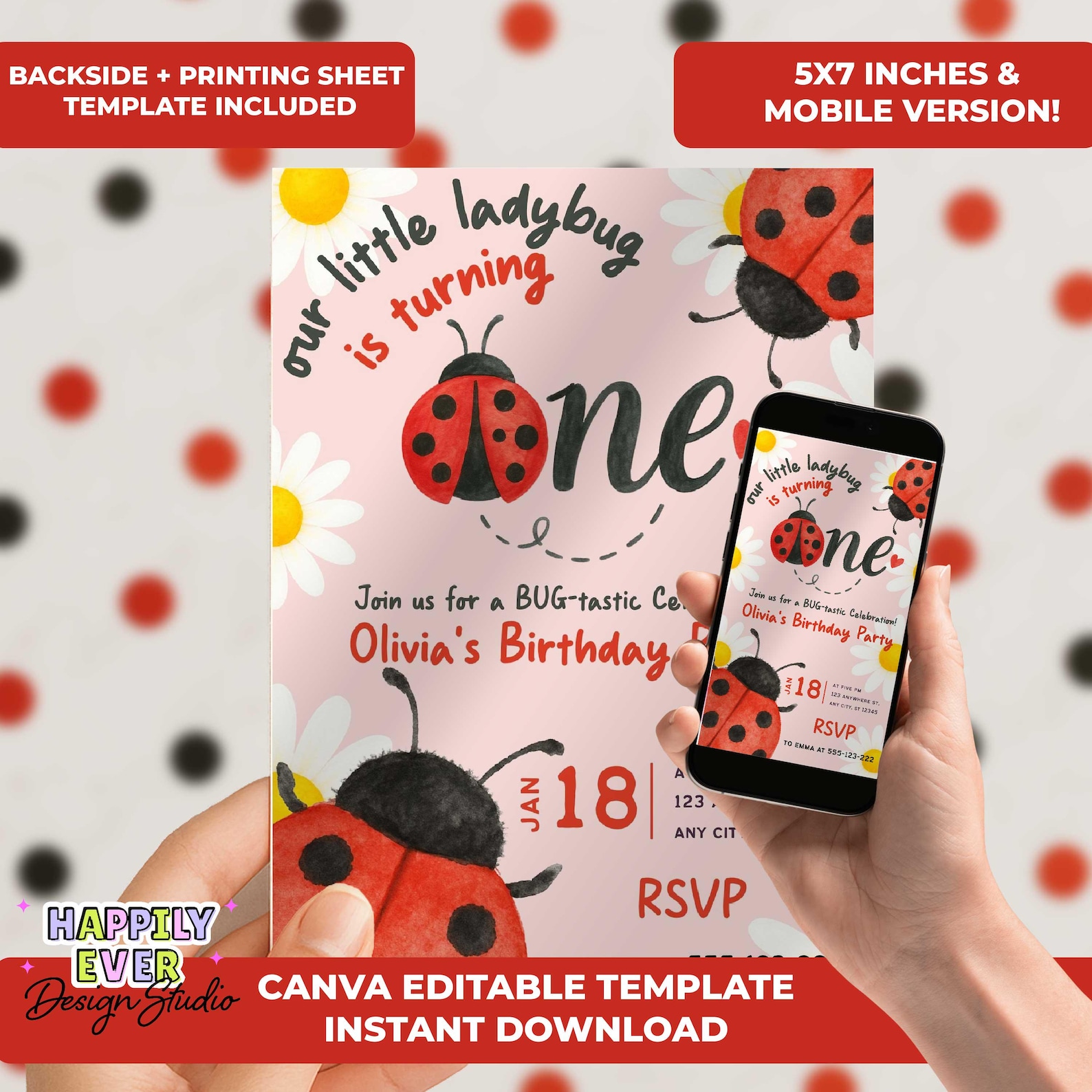 Ladybug Birthday Party Invitation Template , Ladybug Turning One ...