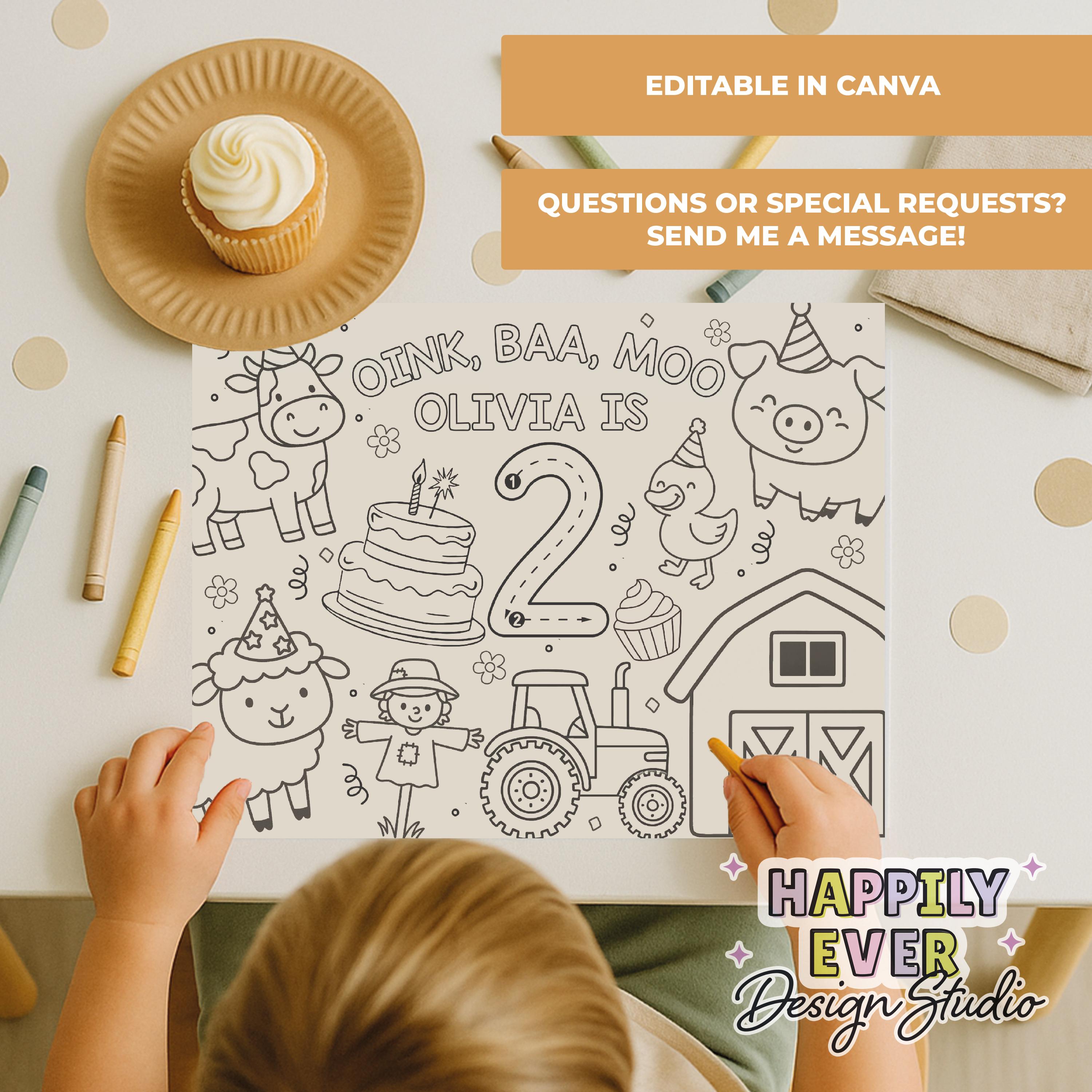 Oink, Baa, Moo, I'm TWO Birthday Coloring Page | Farm Barnyard Birthday ...