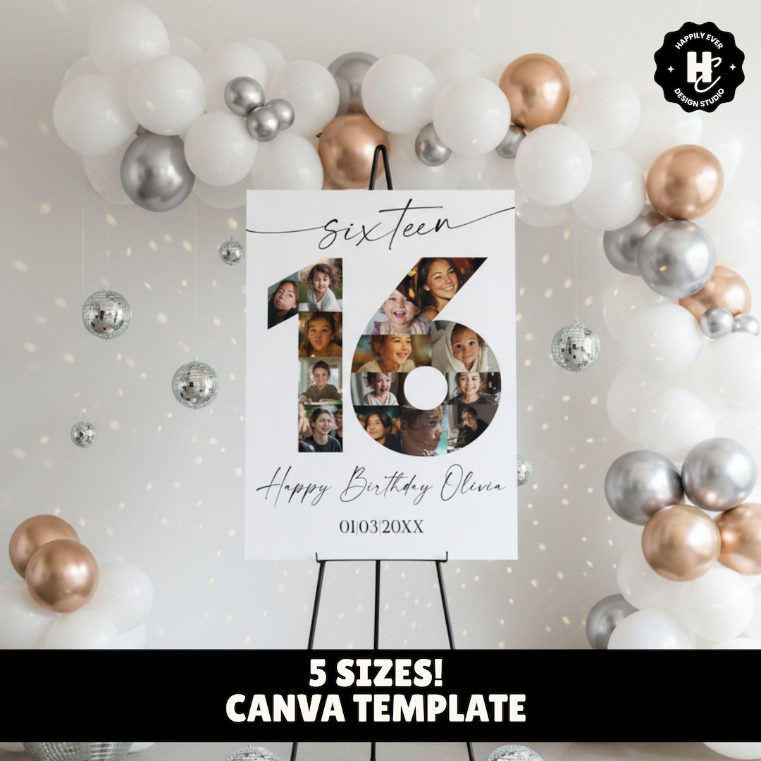 Sweet Sixteen Photo Collage Poster, 16th Birthday Welcome Sign , Modern ...