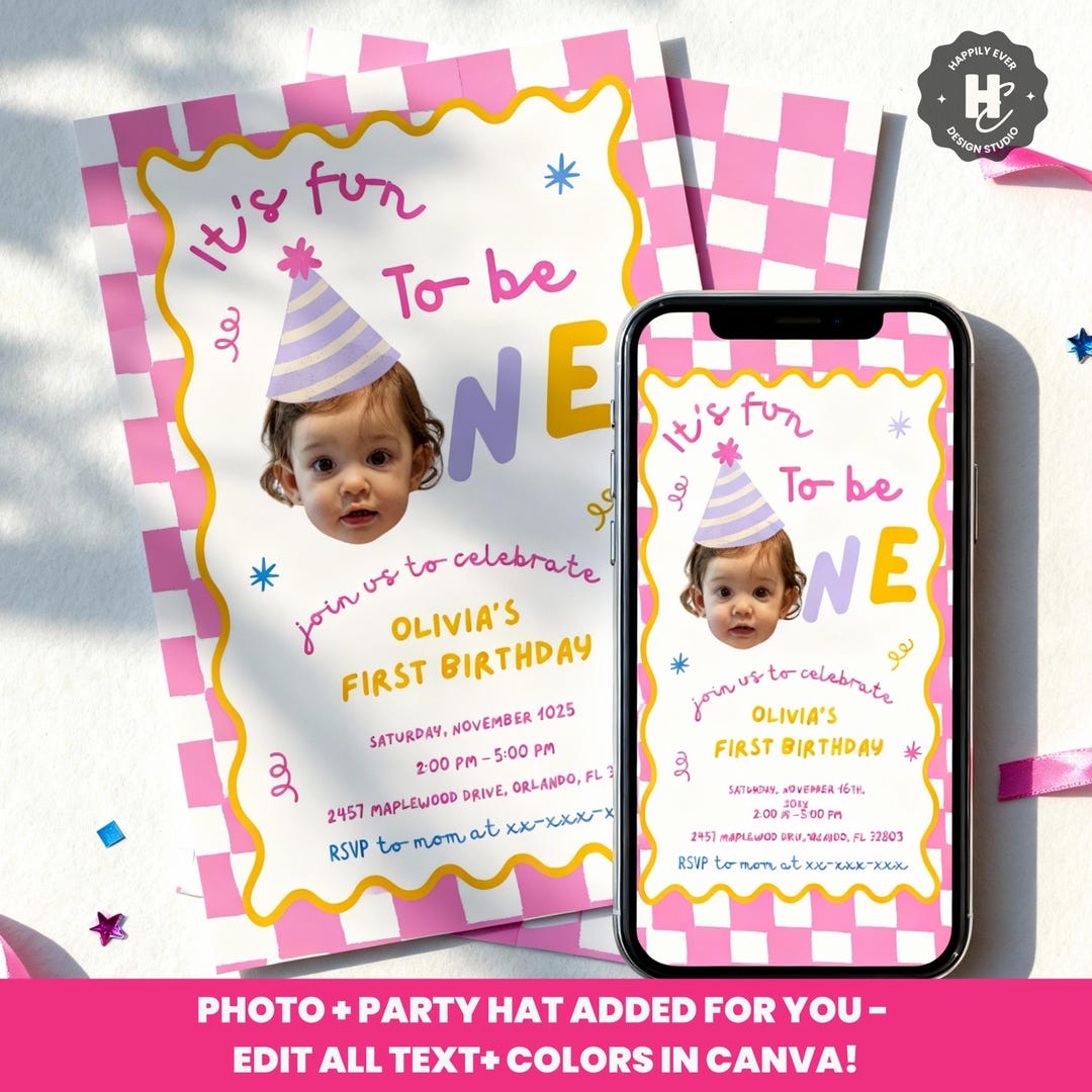 Fun to Be One Photo 1st Birthday Invitation , Colorful First Birthday ...