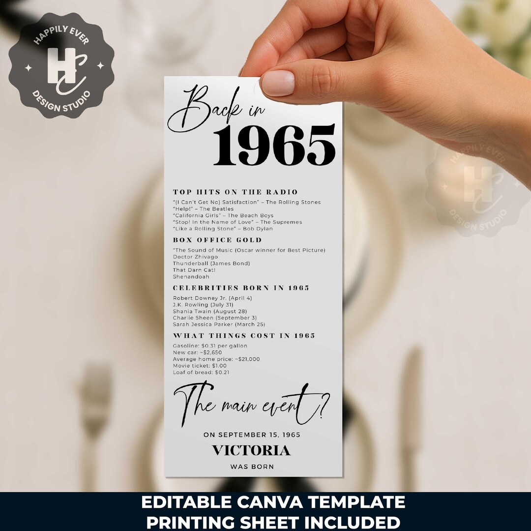 1965 Birthday Table Place Card, 60th Birthday Party Decorations , 60th ...