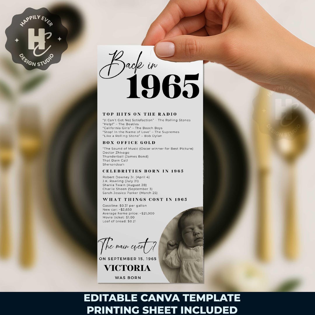 1965 Birthday Table Place Card, 60th Birthday Party Decorations , 60th ...