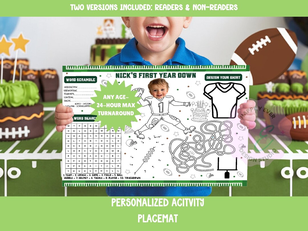 Football 1st Birthday Activity Placemat Personalized | First Year Down ...