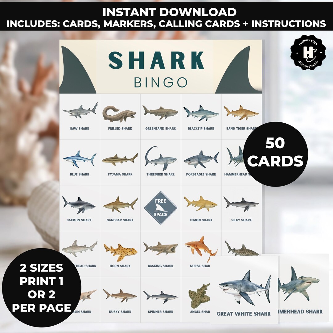 Shark Bingo Game, Shark Week Games for Kids, Fun Shark Theme Birthday ...