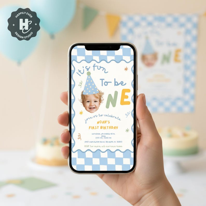 Fun to Be One Photo Boy 1st Birthday Invitation , Colorful First ...