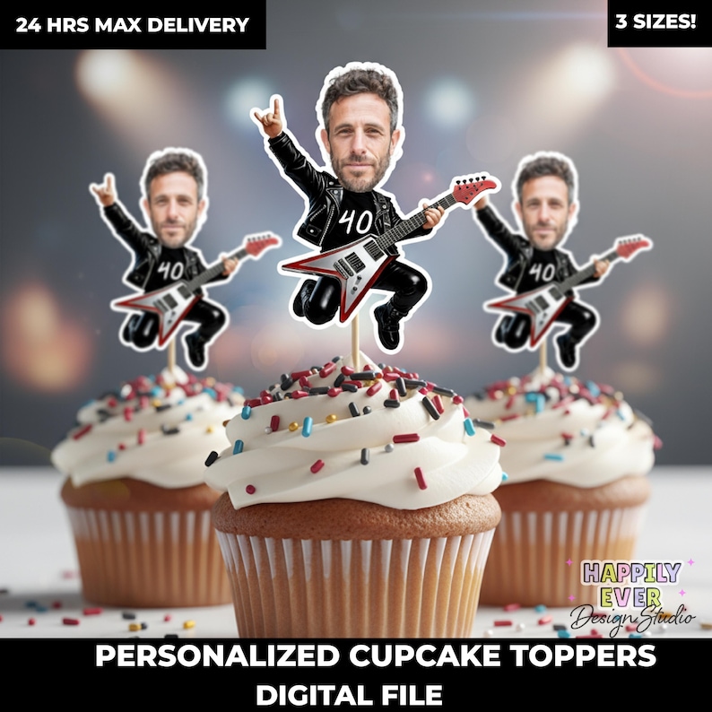 Custom Rockstar Face Cupcake Toppers, Personalized Rock & Roll Birthday ...