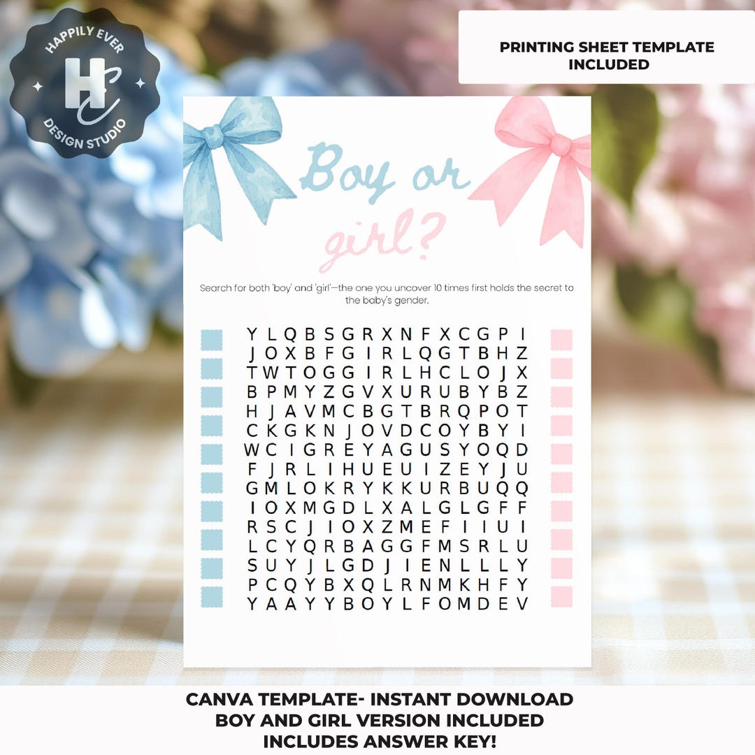 Gender Reveal Word Search Game Template , Gender Reveal Bow Word Hunt ...