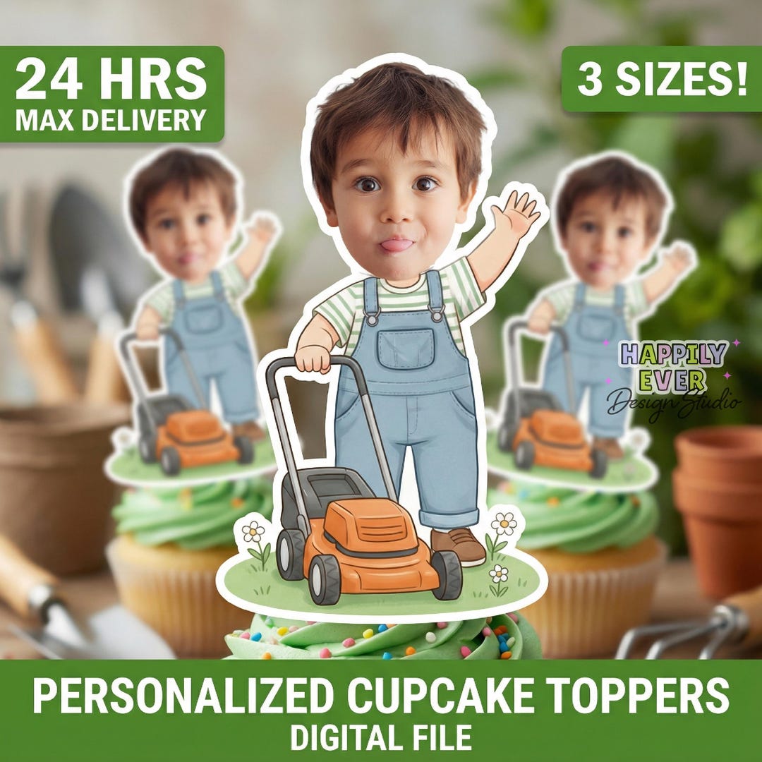 Lawn Mower Personalized Cupcake Toppers, Lawn Mower Face Topper ...