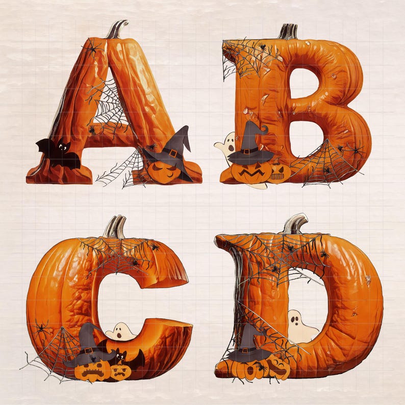 Halloween Pumpkin Alphabet Clipart: A-Z Letters PNG (digital Download ...