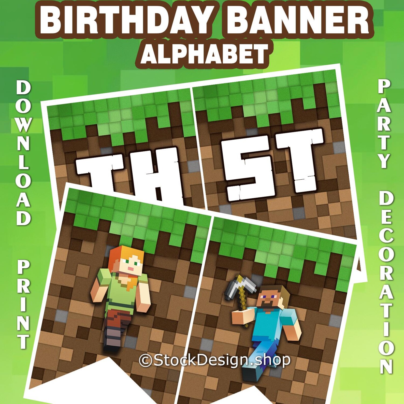 Alphabet Birthday Banner Minecrafter Party Decorations Happy Birthday ...