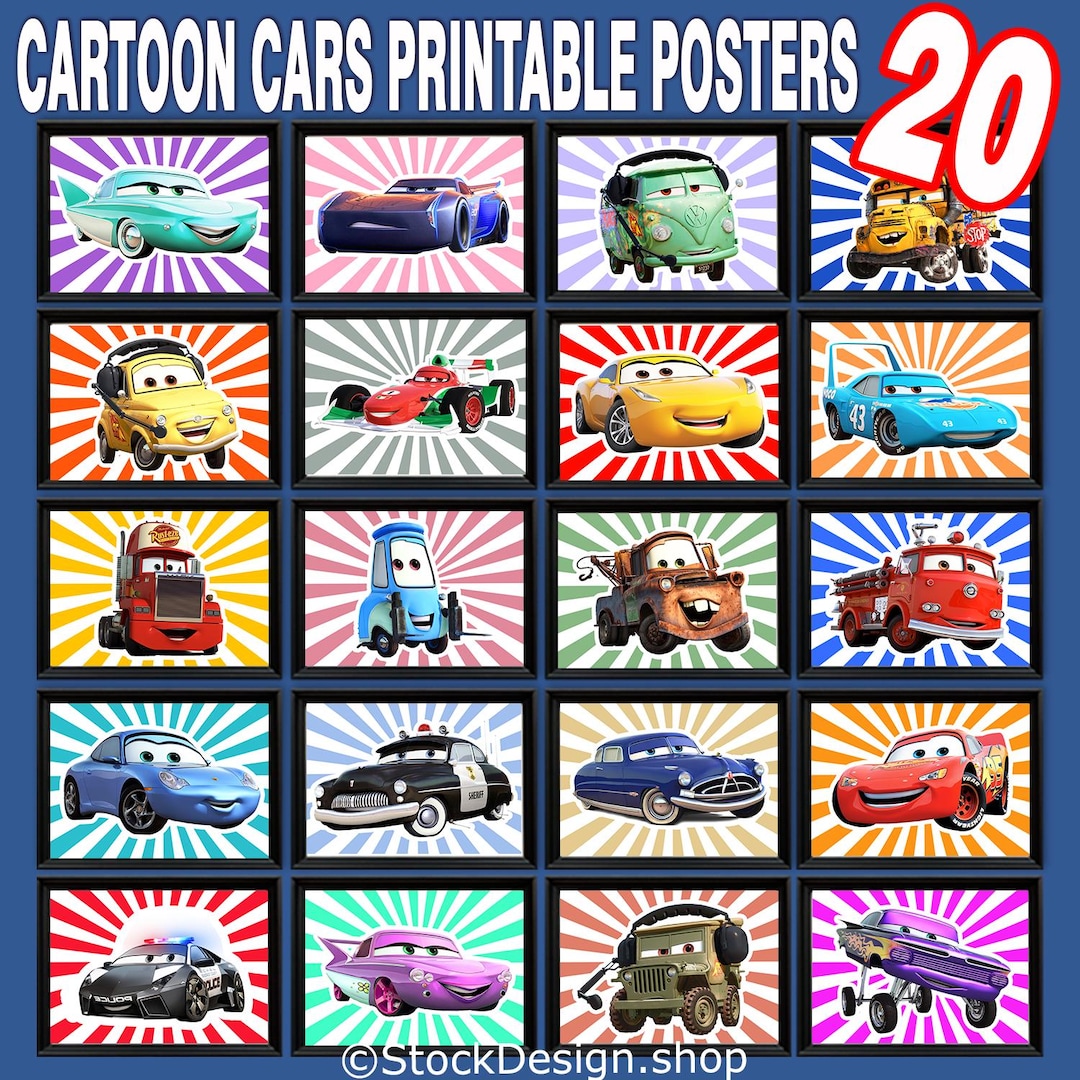 Set of 20 Cartoon Cars Printable Poster, Cars Wall Art, Cars, Print Car ...